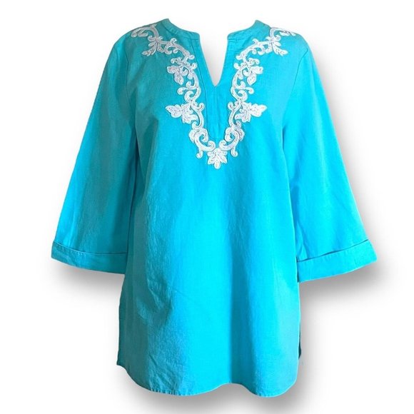 Chico's | Tops | Chicos Womens Linen Tunic Top Sz 6 8 Turquoise Blue ...